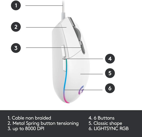 Logitech G102 LIGHTSYNC RGB Gaming Mouse – 8K DPI, White